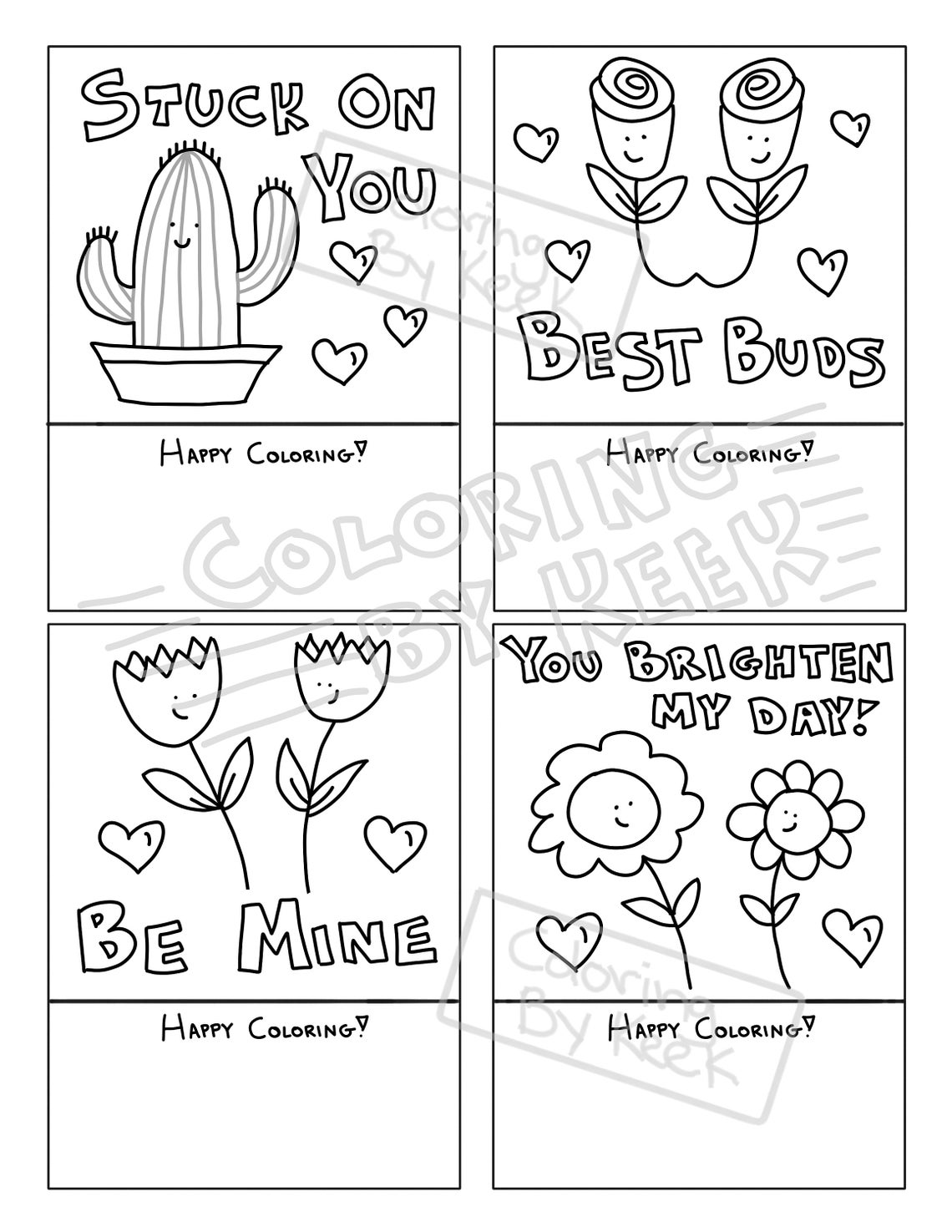 Printable Flower Coloring Valentines: DIY Kids Valentines (digital ...