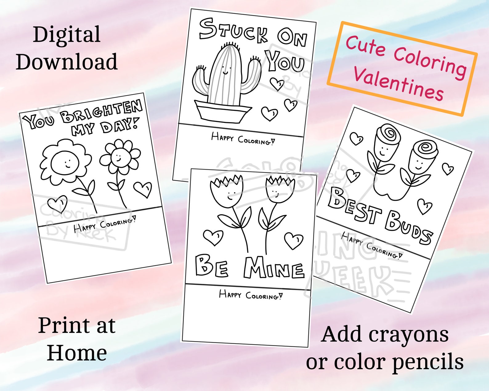 Printable Coloring Valentines / Cute Flower / Digital Download / DIY ...