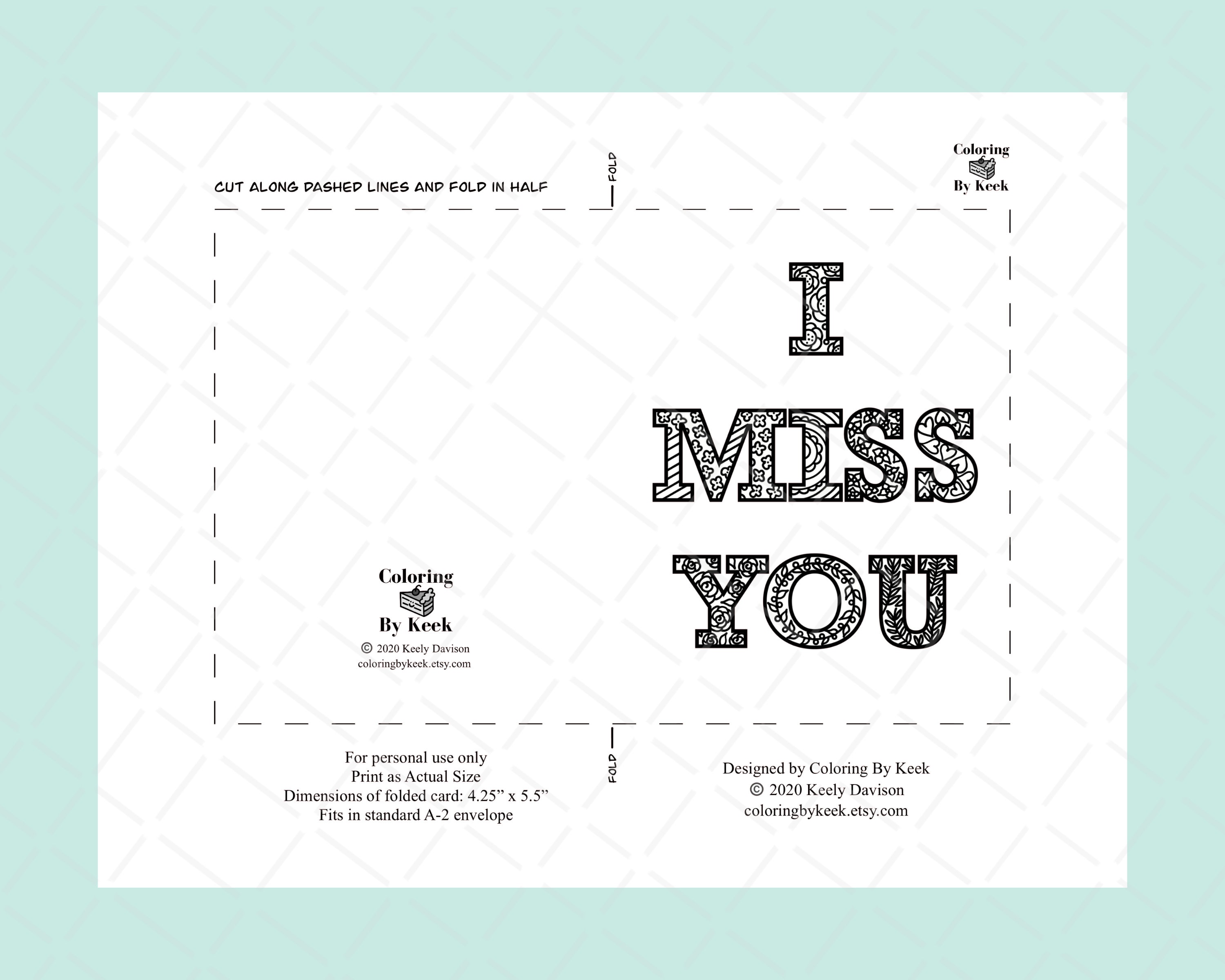 Printable I Miss You Greeting Card, Floral Design, Coloring Page ...