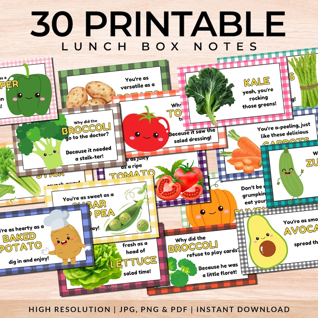 Vegetables Lunch Box Notes - Set of 30 | Printable Lunchbox Notes ...
