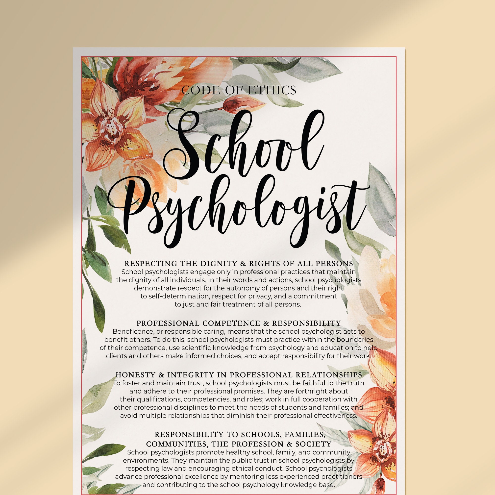 School Psychologist Code of Ethics, Psychologist Poster, Wall Art ...