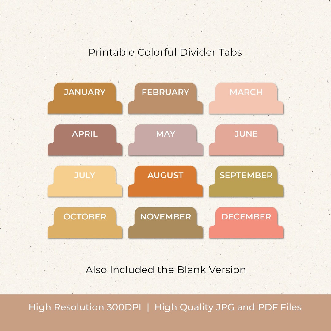 Earth Tone Palette Monthly Tabs, Colorful Printable Divider Tabs ...