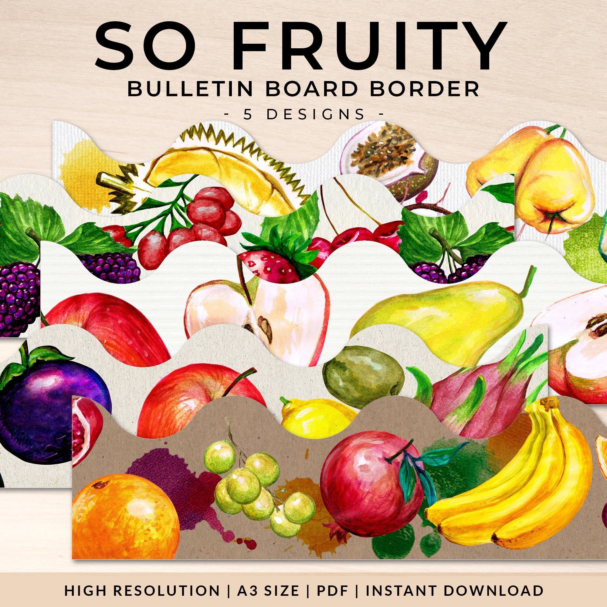 So Fruity Bulletin Board Borders | 5 Designs | Banana, Apple, Cherry ...