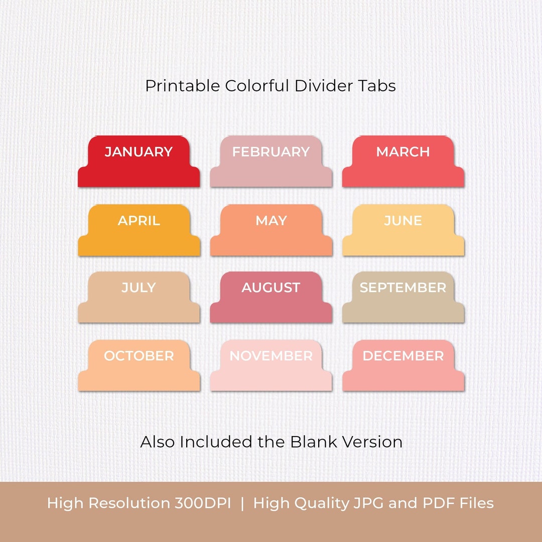 Peach Tone Palette Monthly Tabs, Colorful Printable Divider Tabs ...