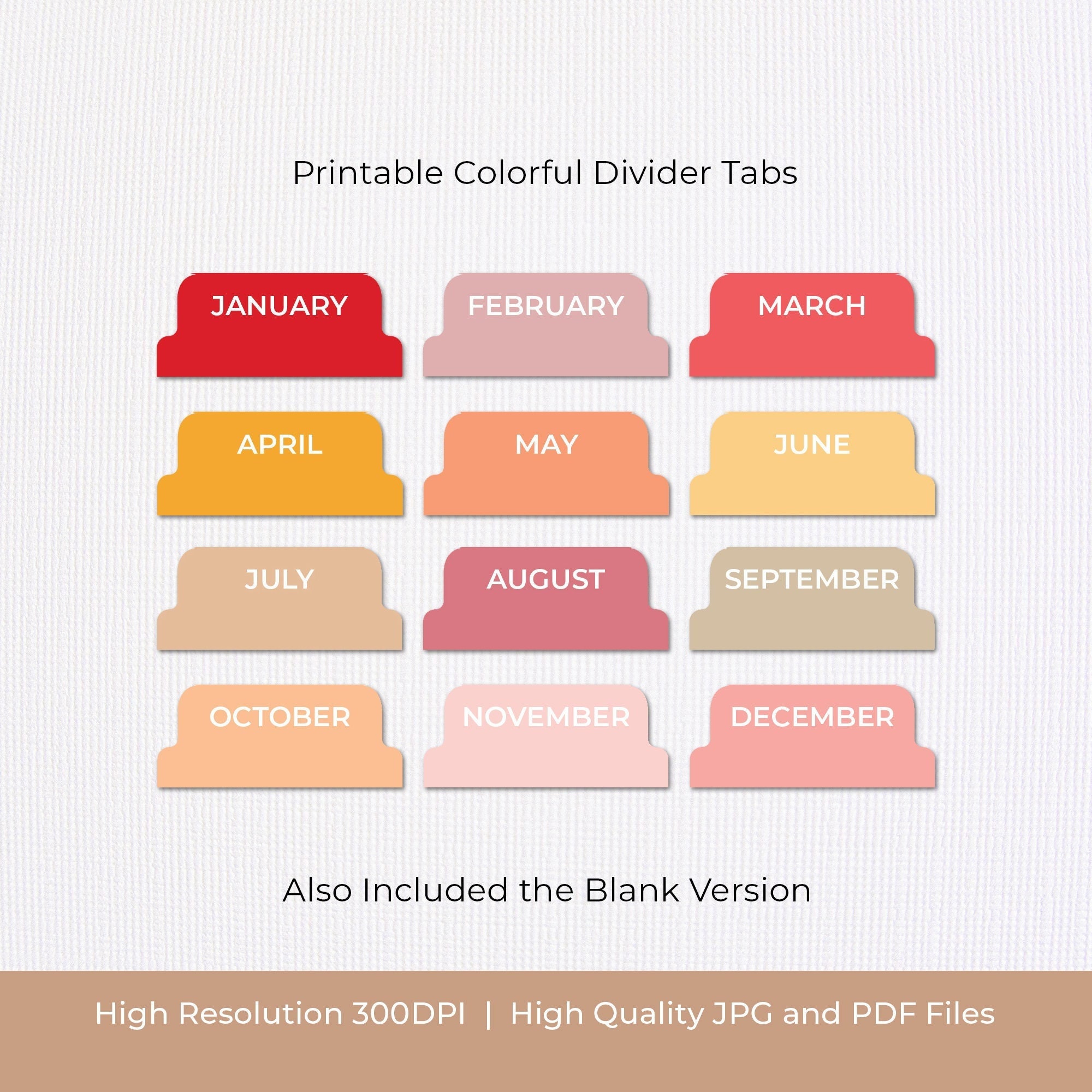 Peach Tone Palette Monthly Tabs, Colorful Printable Divider Tabs ...