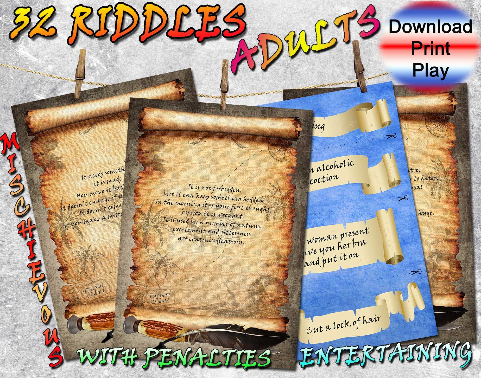 Adultos Búsqueda del tesoro, pistas para imprimir, juegos de cumpleaños ...