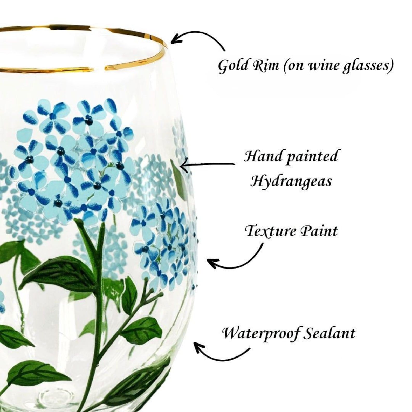 Blue Hydrangea Wine Glass Hand Painted Wine Glasses Pretty Wine Glass ...