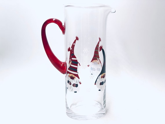 Hand Painted Gnome Pitcher | Large Glass Pitcher | Christmas Pitcher ...