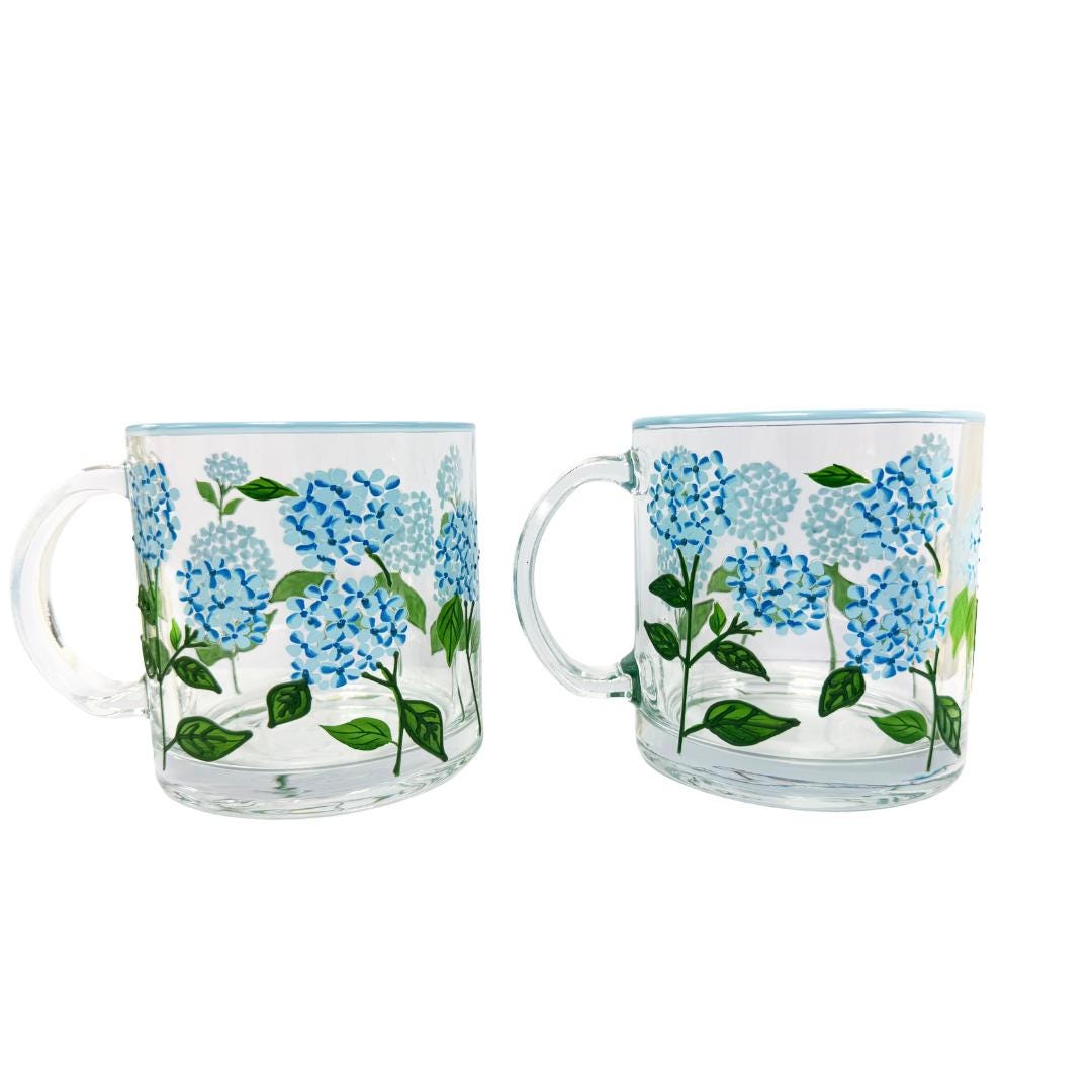 Blue Hydrangea Painted Mugs Painted Flower Mugs Blue Cups Blue Mugs for ...