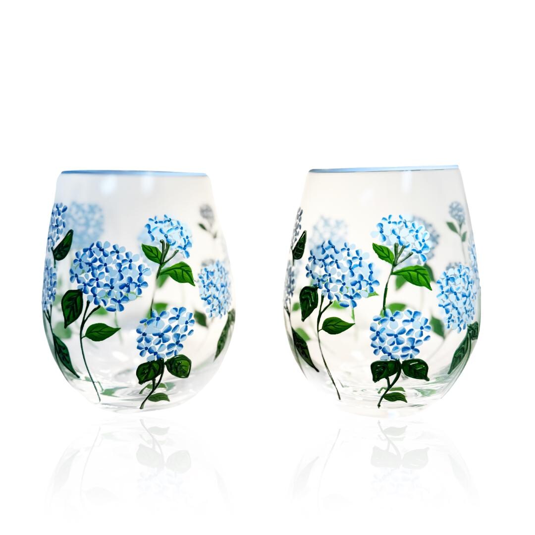 Hydrangea Painted Stemless Wine Glasses Hydrangea Wine Glass Blue ...