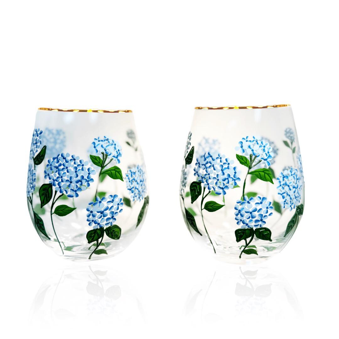 Hydrangea Painted Stemless Wine Glasses Hydrangea Wine Glass Blue ...