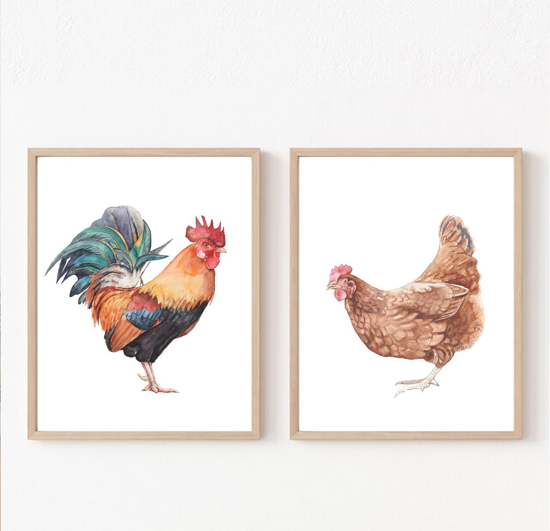 Rooster and Chicken Watercolor Painting Chicken Print Red - Etsy