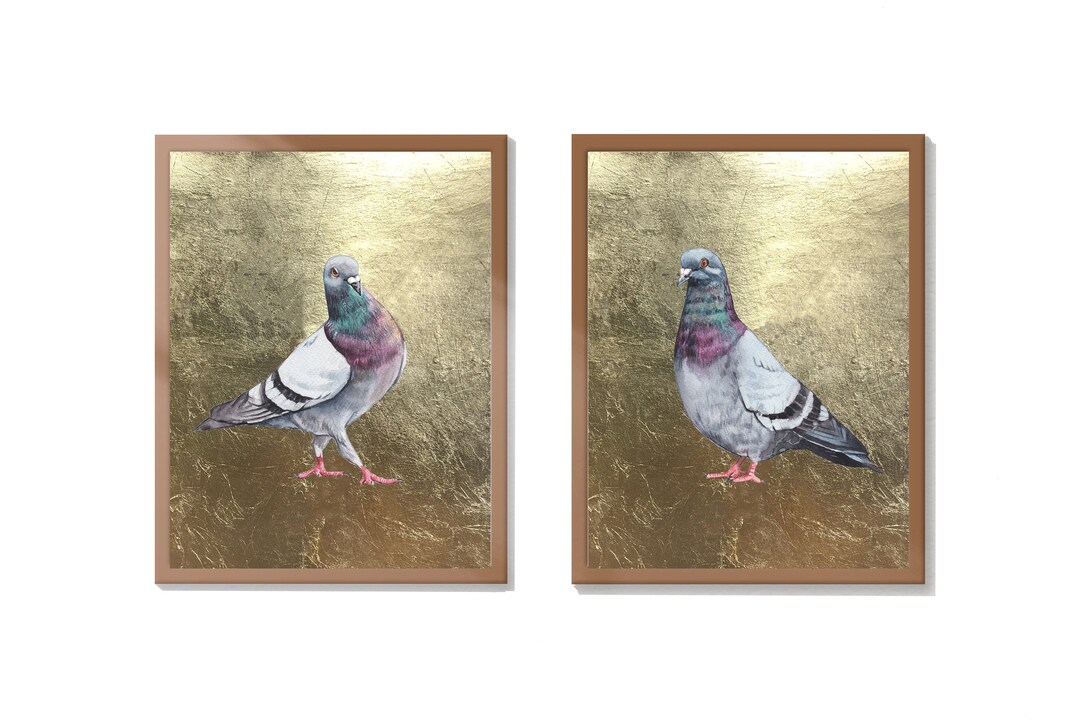 Pigeon Print, Pigeon Watercolor Wall Art, Dove Art Print, Gold Metal ...