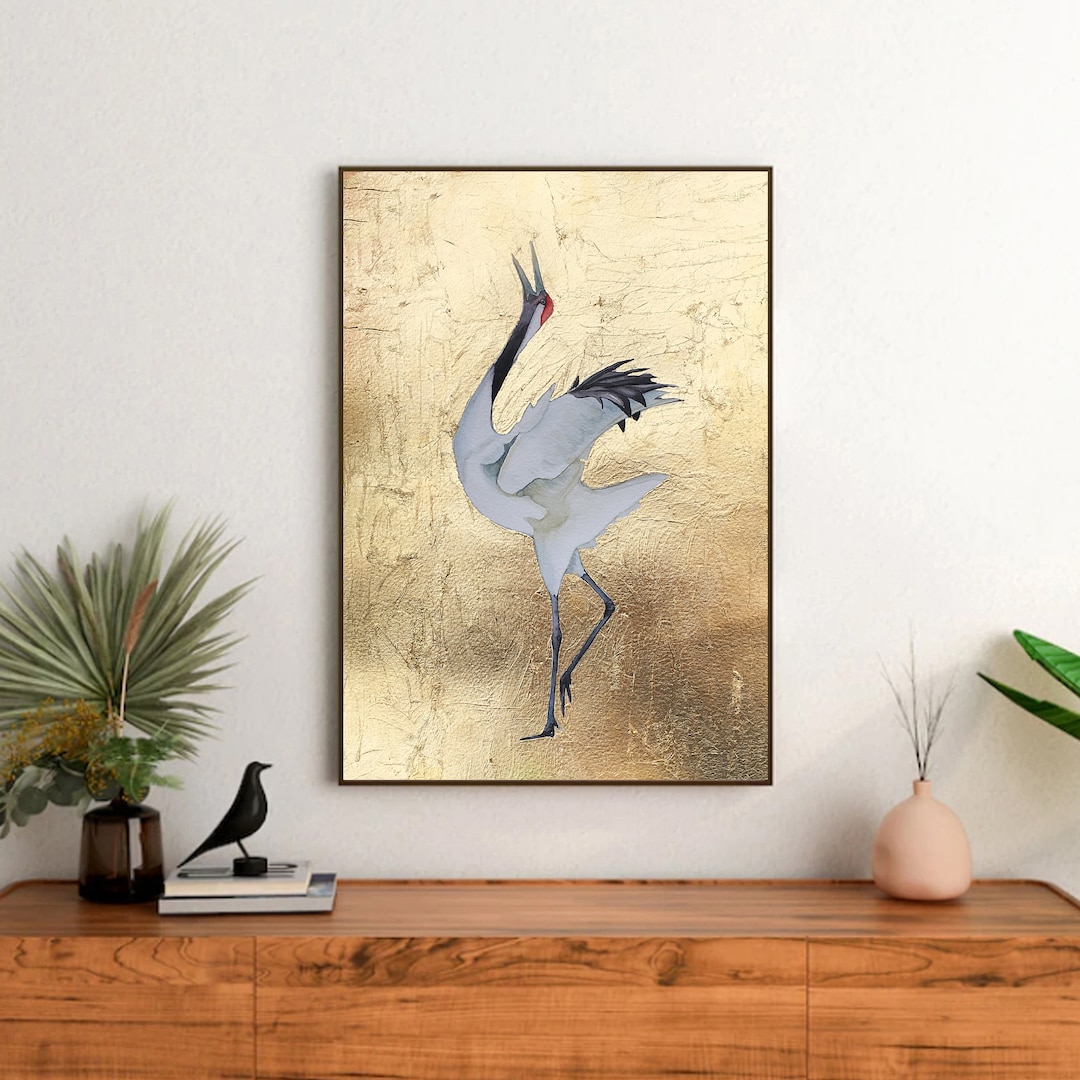 Japanese Crane Print, Crane Wall Art, Gold Metal Wall Art, Japanese ...