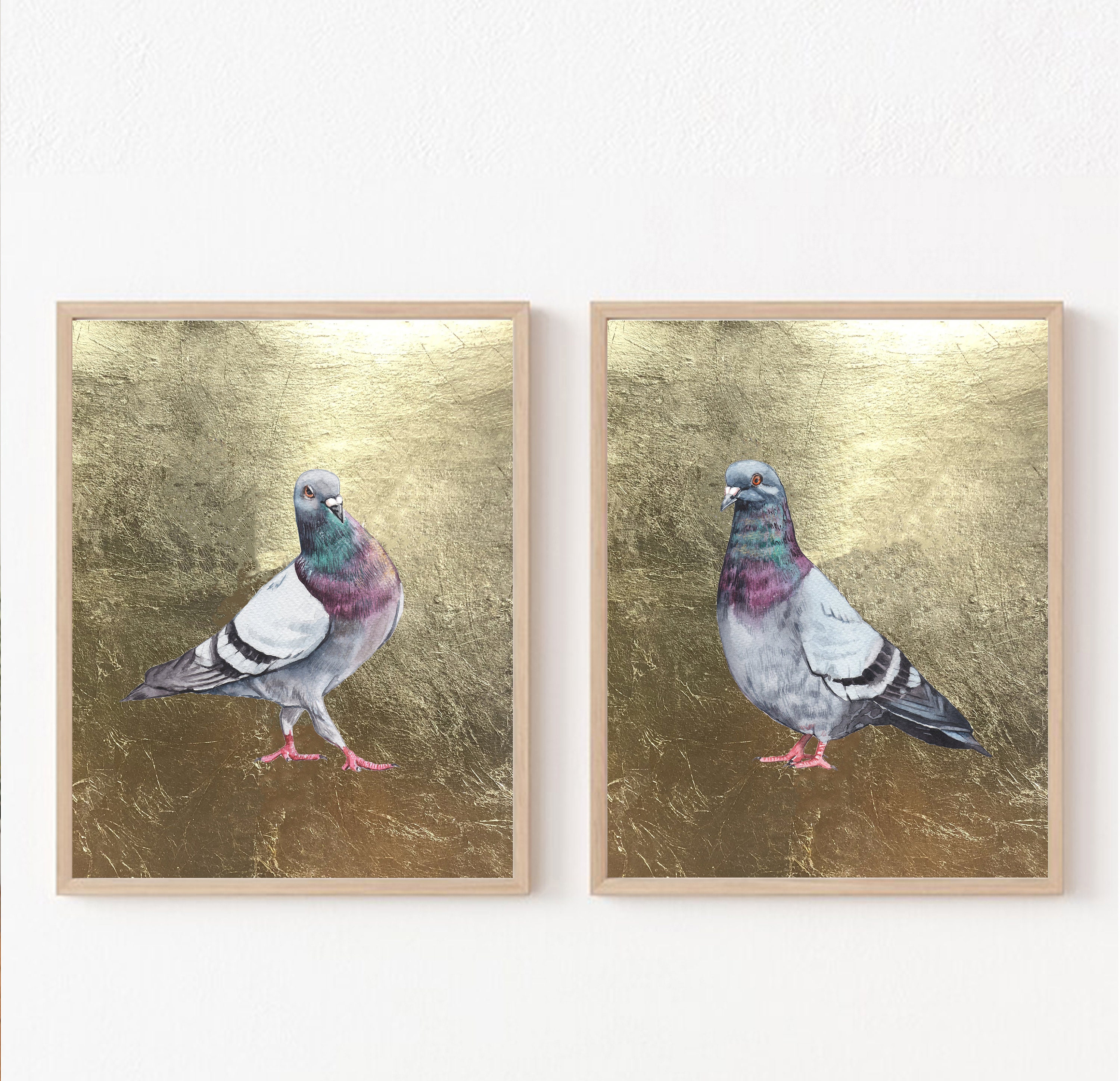 Pigeon Print, Pigeon Watercolor Wall Art, Dove Art Print, Gold Metal ...