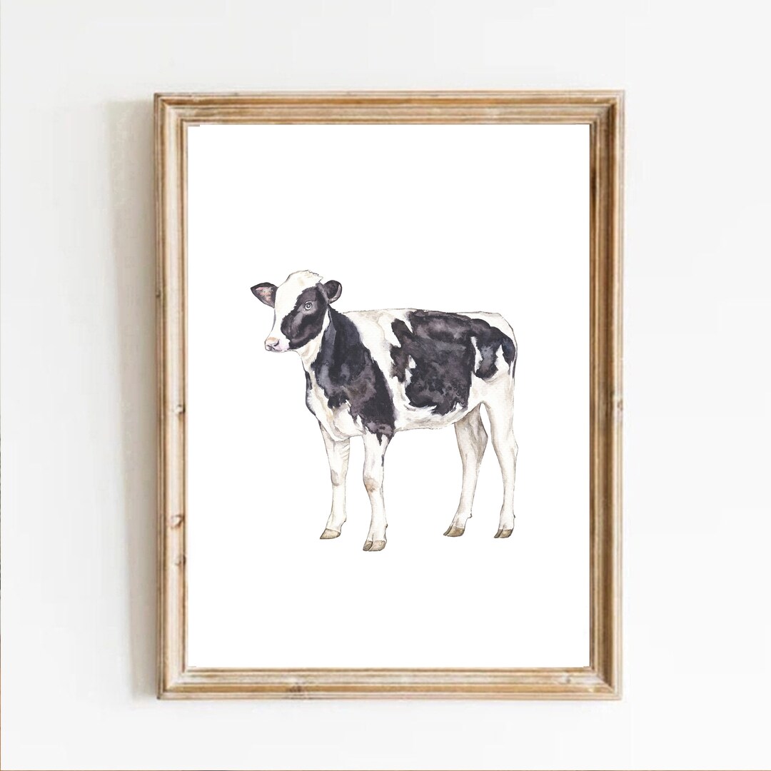 Calf Wall Art, Calf Painting, Black and White Calf Picture, Watercolor ...