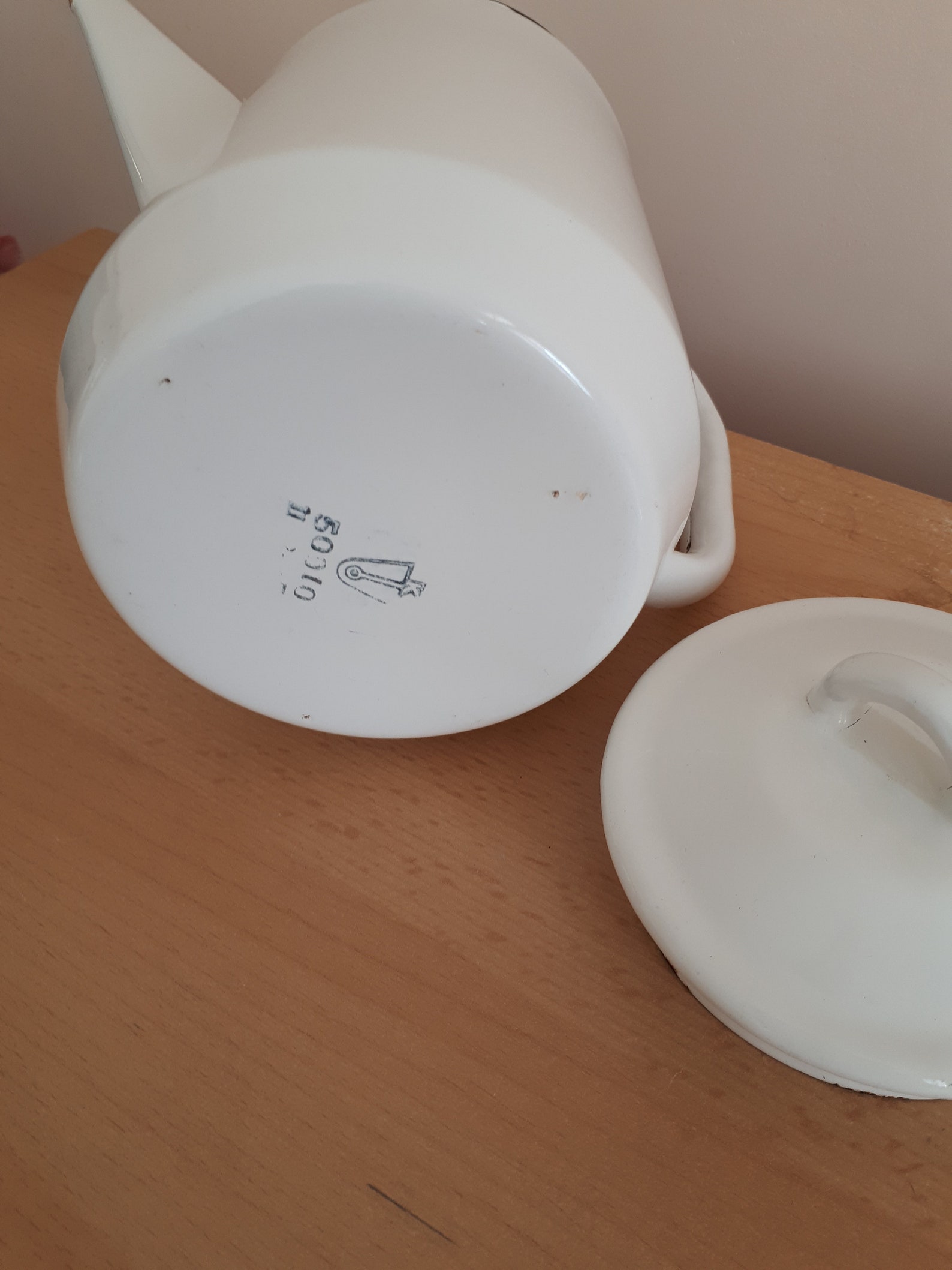 Vintage White Enamel Pitcher Metal Teapot Coffee Server Primitive ...