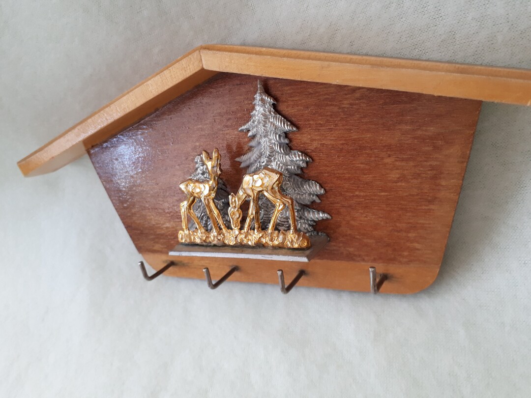 Vintage Wooden Key Holder, Key Hooks, Deer Design, Old Key Holder ...