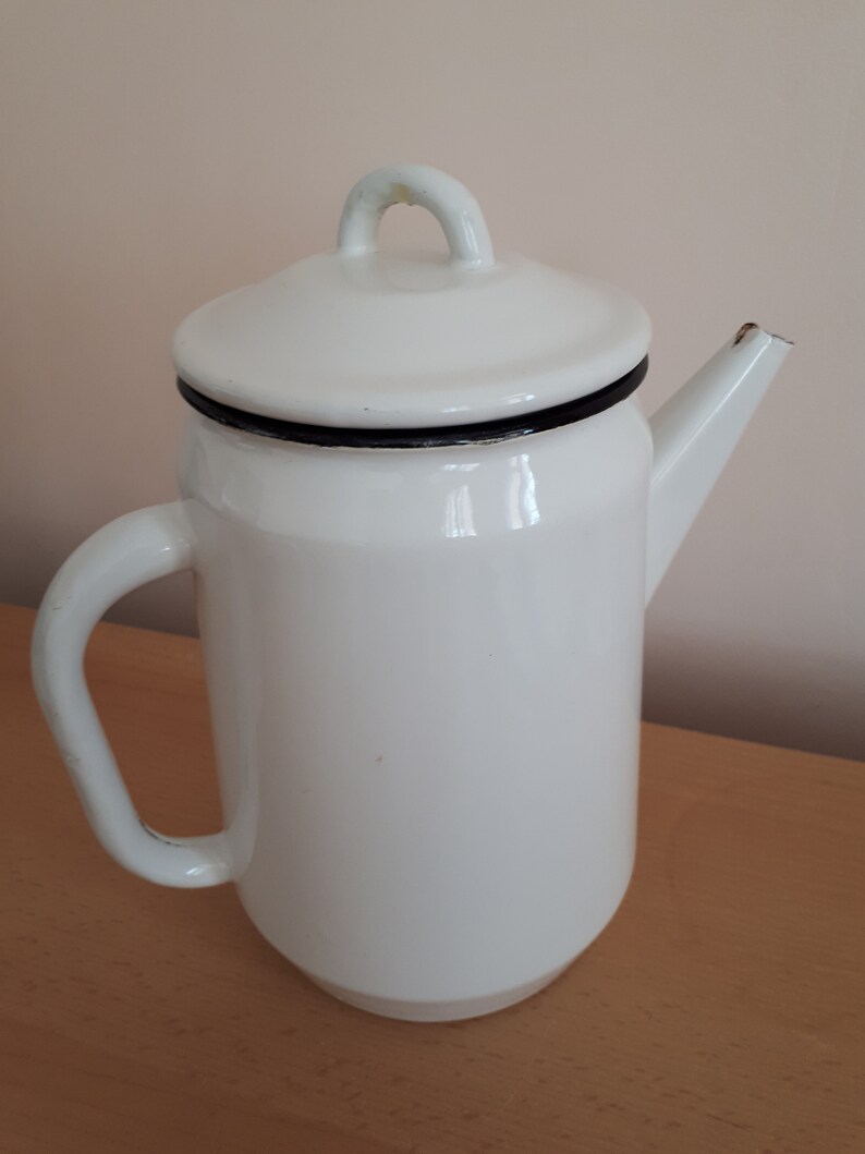 Vintage White Enamel Pitcher Metal Teapot Coffee Server Primitive ...