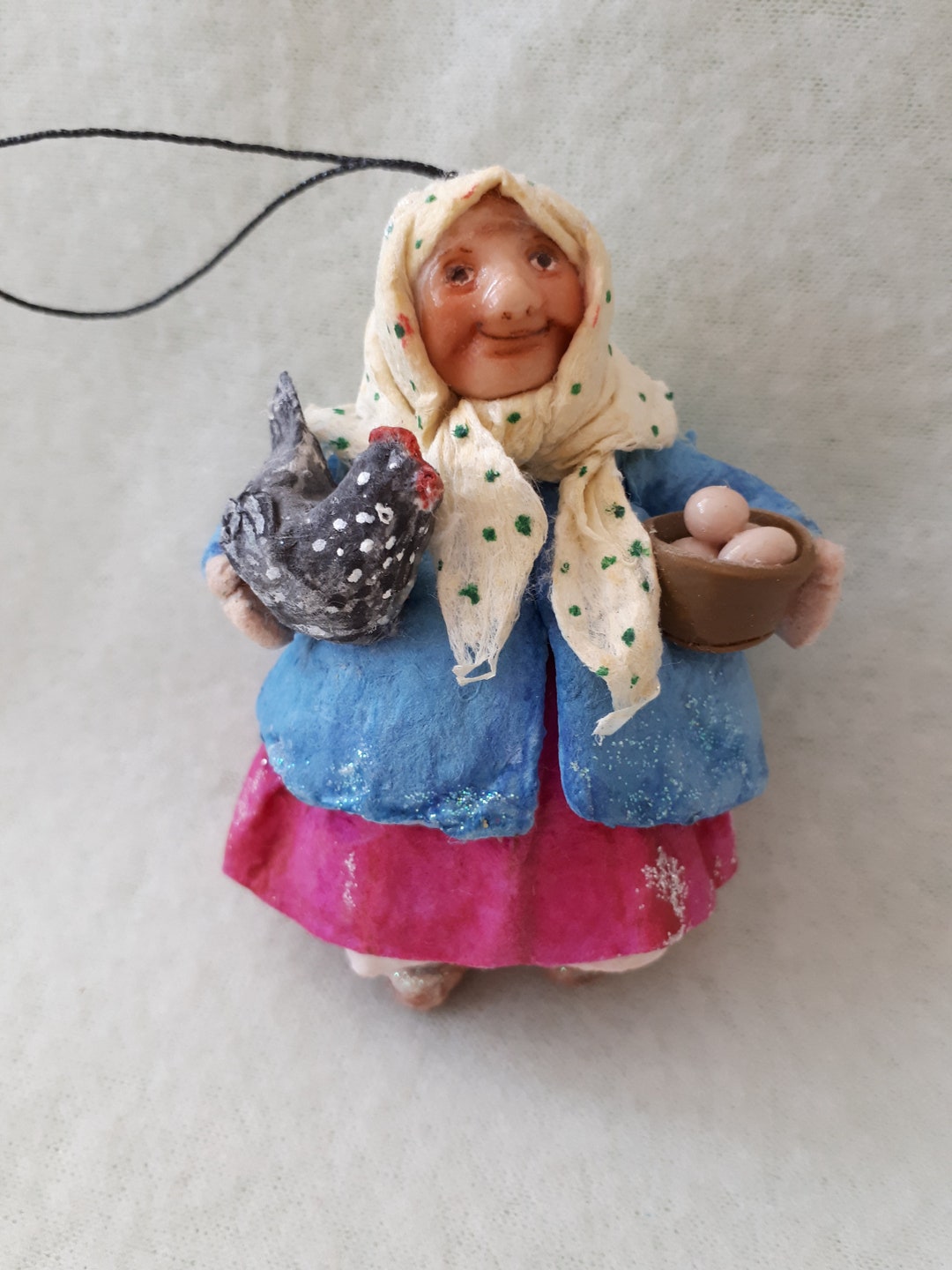 Christmas Cotton Spun Figurine Granny, Grandmother With Chicken and ...