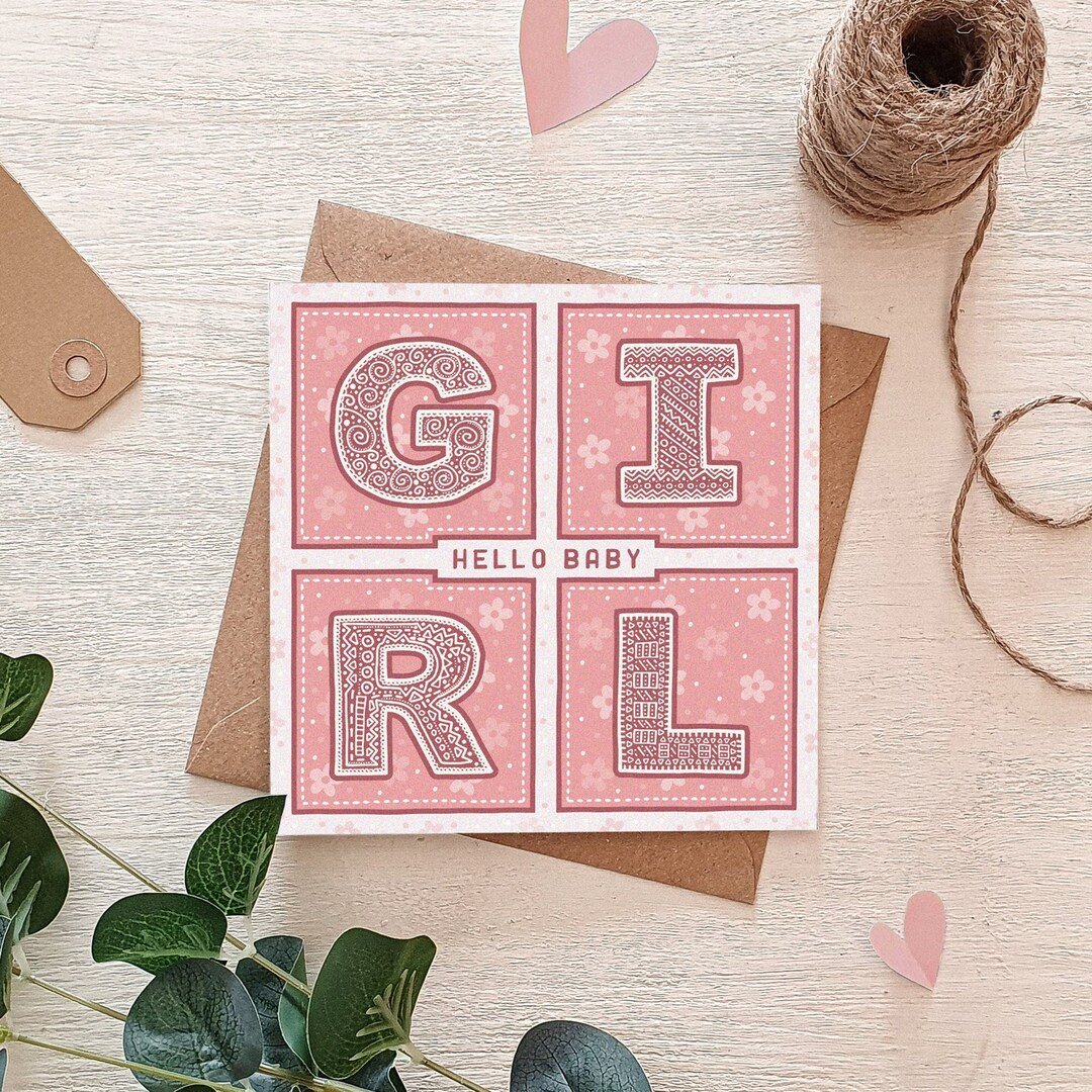 Pink Hello Baby Girl Card / Pink New Baby Girl Card / Typographic New ...
