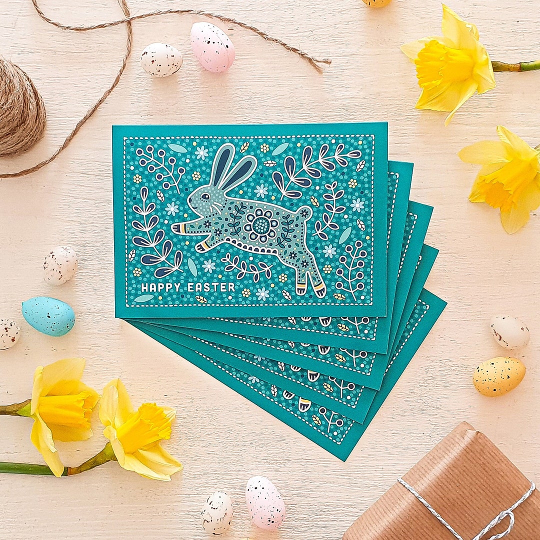 Pack of Folk Art Easter Bunny Cards / Happy Easter Card Pack / Easter ...
