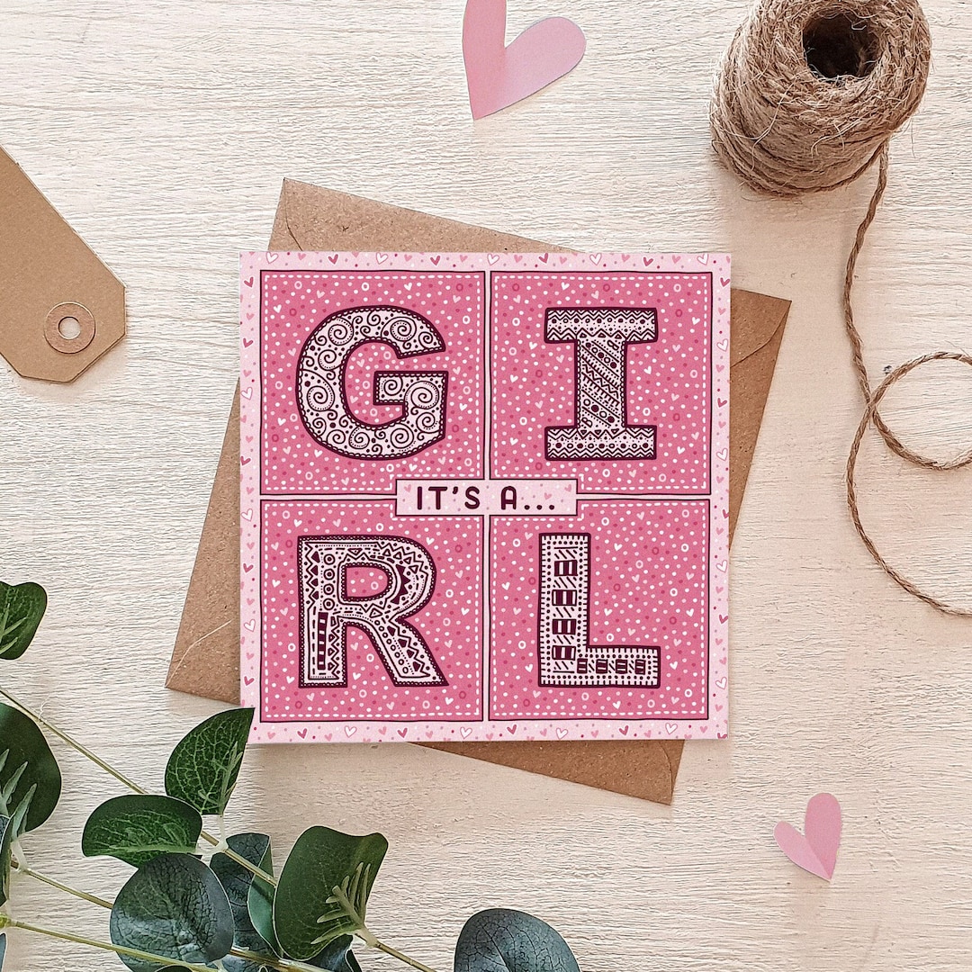 Pink It's A Girl Card / Pink New Baby Girl Card / Typographic New Baby ...