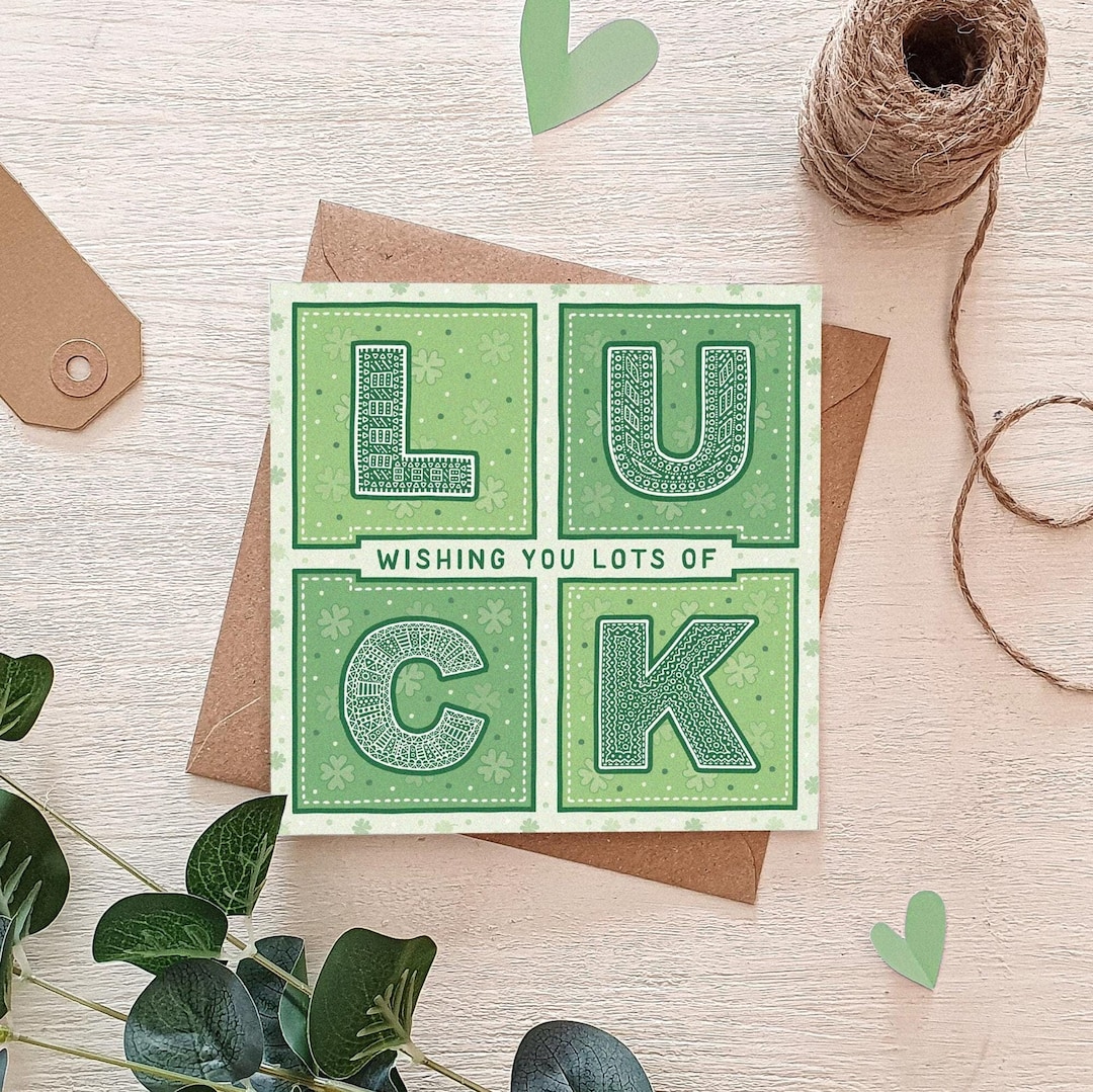 Luck Card / Typographic Good Luck Card / Green Four Leaf Clover Good ...