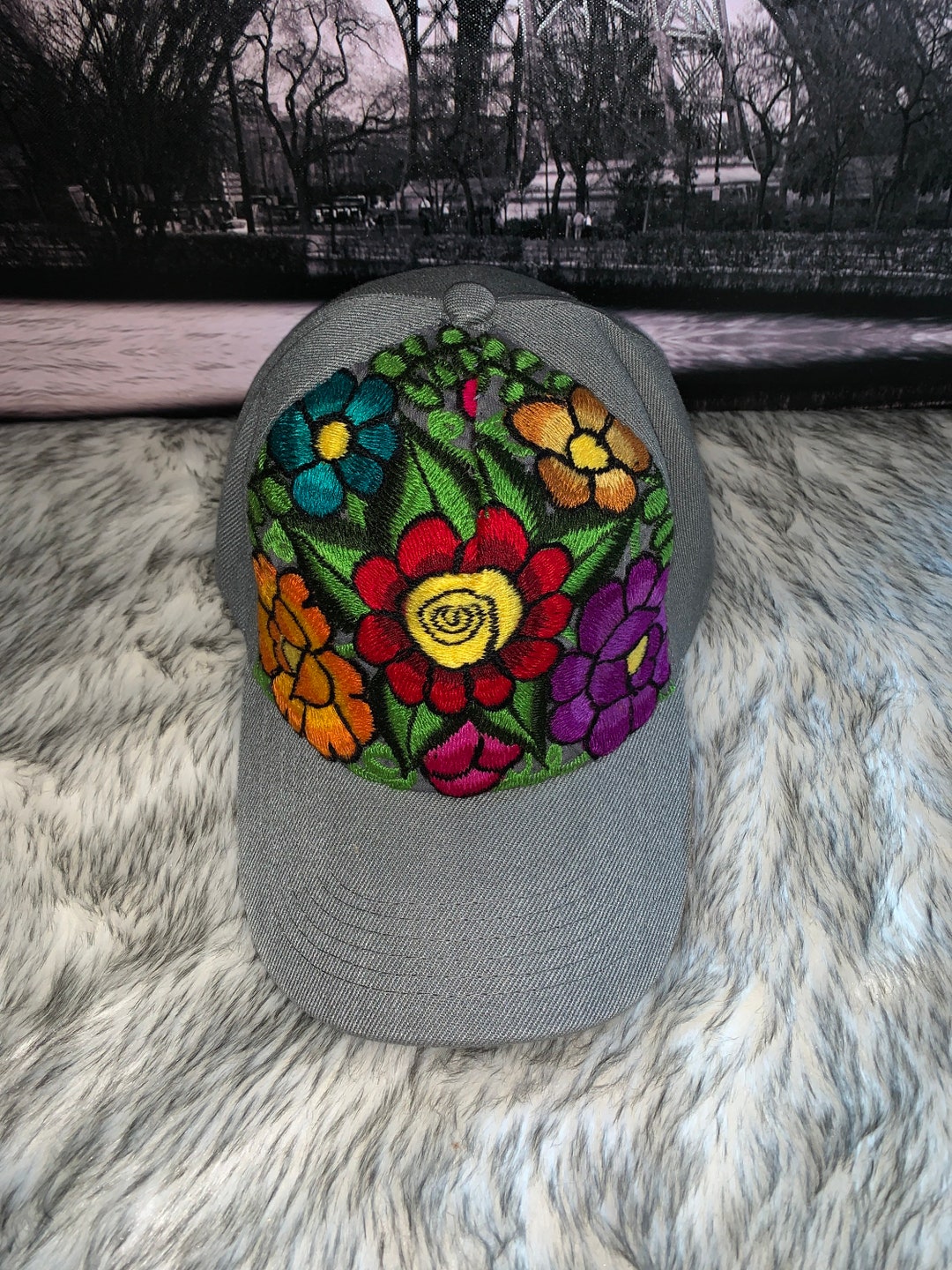 Denim Cap With Embroidered Flowers - Etsy
