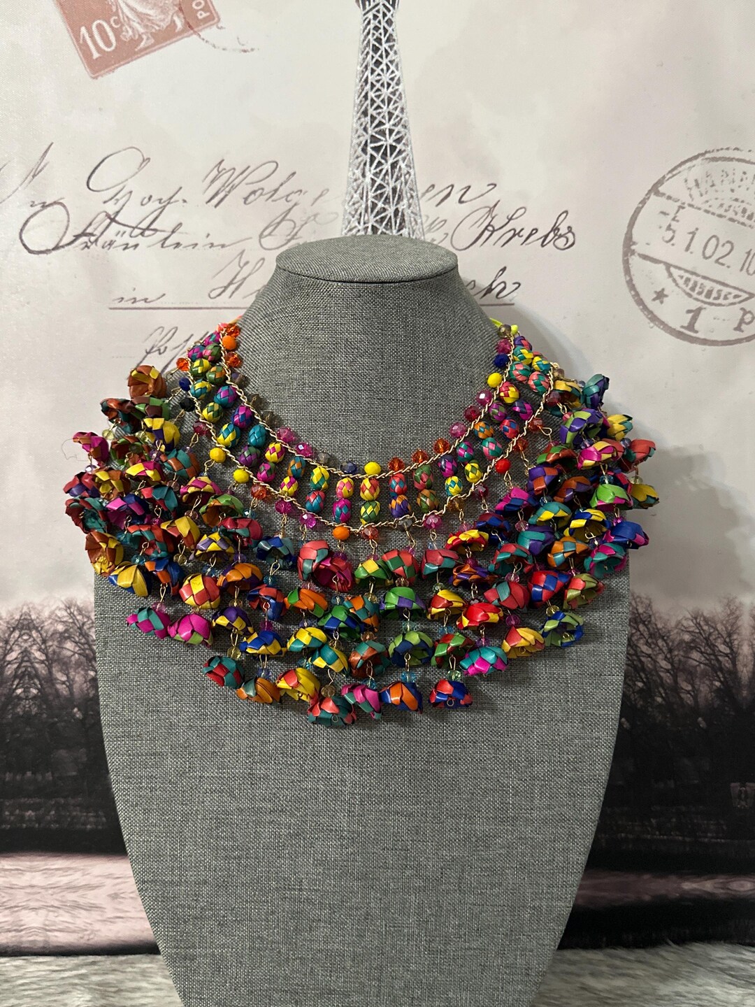 Maxi Bib Necklace With Flowers and Palm Barrels With Earrings - Etsy