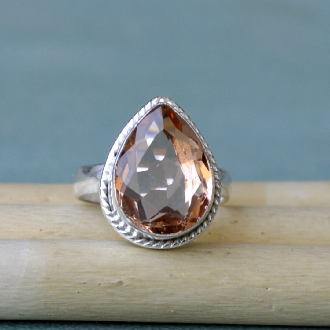 Morganite Quartz Ring, Pear Shape Quartz Ring, Peach Color Quartz Ring ...