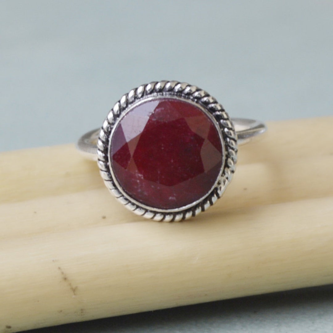 Round Faceted Dark Red Ruby Ring, Rich Red Ruby 925 Sterling Silver ...