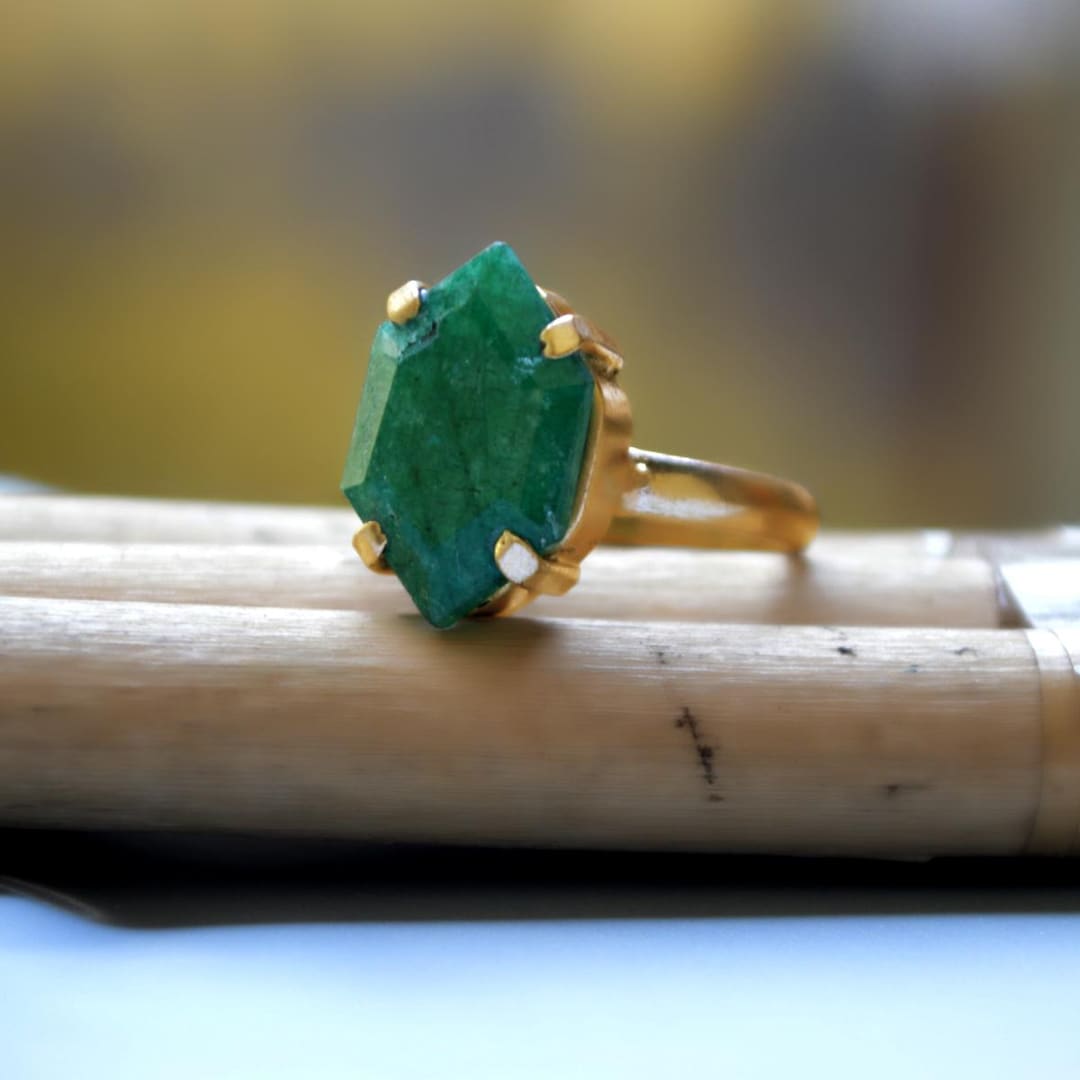 Hexagon Raw Green Emerald Gemstone 925 Sterling Silver, 14K Yellow Gold ...