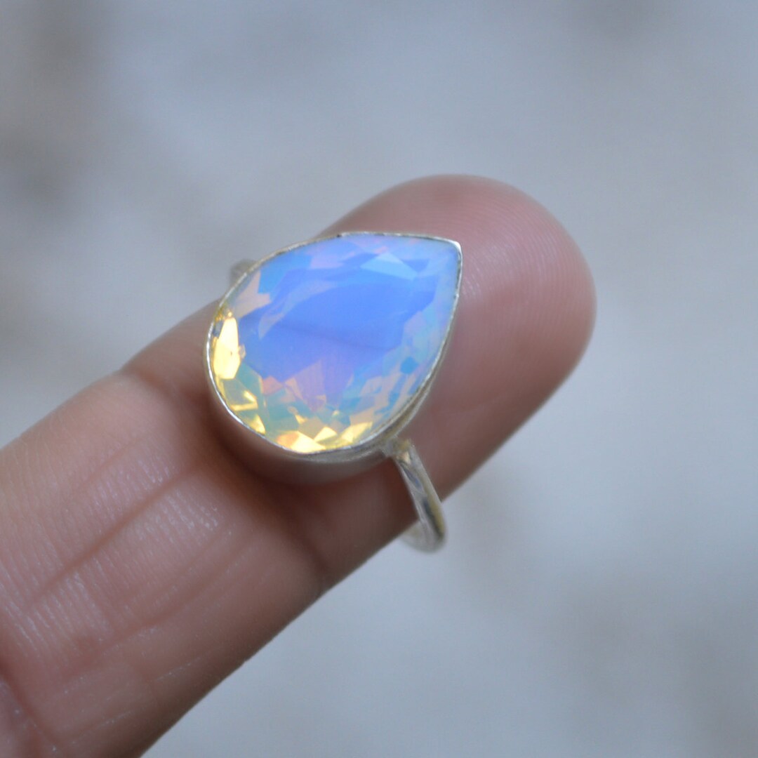 Pear Cut Blue Opaline Opal 925 Sterling Silver, 14K Yellow Gold Fill, 14K Rose Gold Fill Ring ...