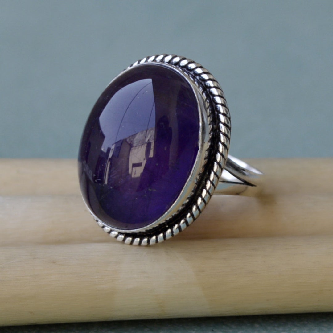 Natural Oval Cab Huge Purple Amethyst Gemstone Ring, 925 Sterling ...