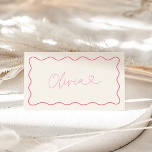 Pink Wavy Border Name Place Cards, Editable Scallop Border Folded Place ...