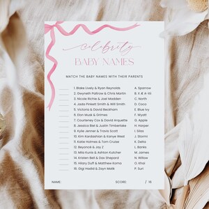 Coquette Pink Bow Celebrity Baby Name Game Template, Girl Baby Shower ...