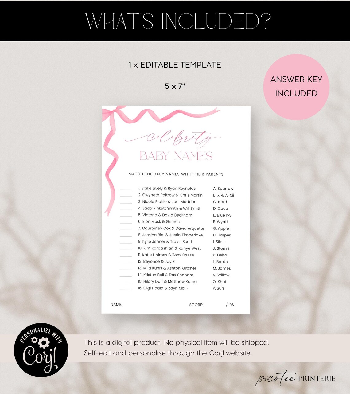 Coquette Pink Bow Celebrity Baby Name Game Template, Girl Baby Shower ...