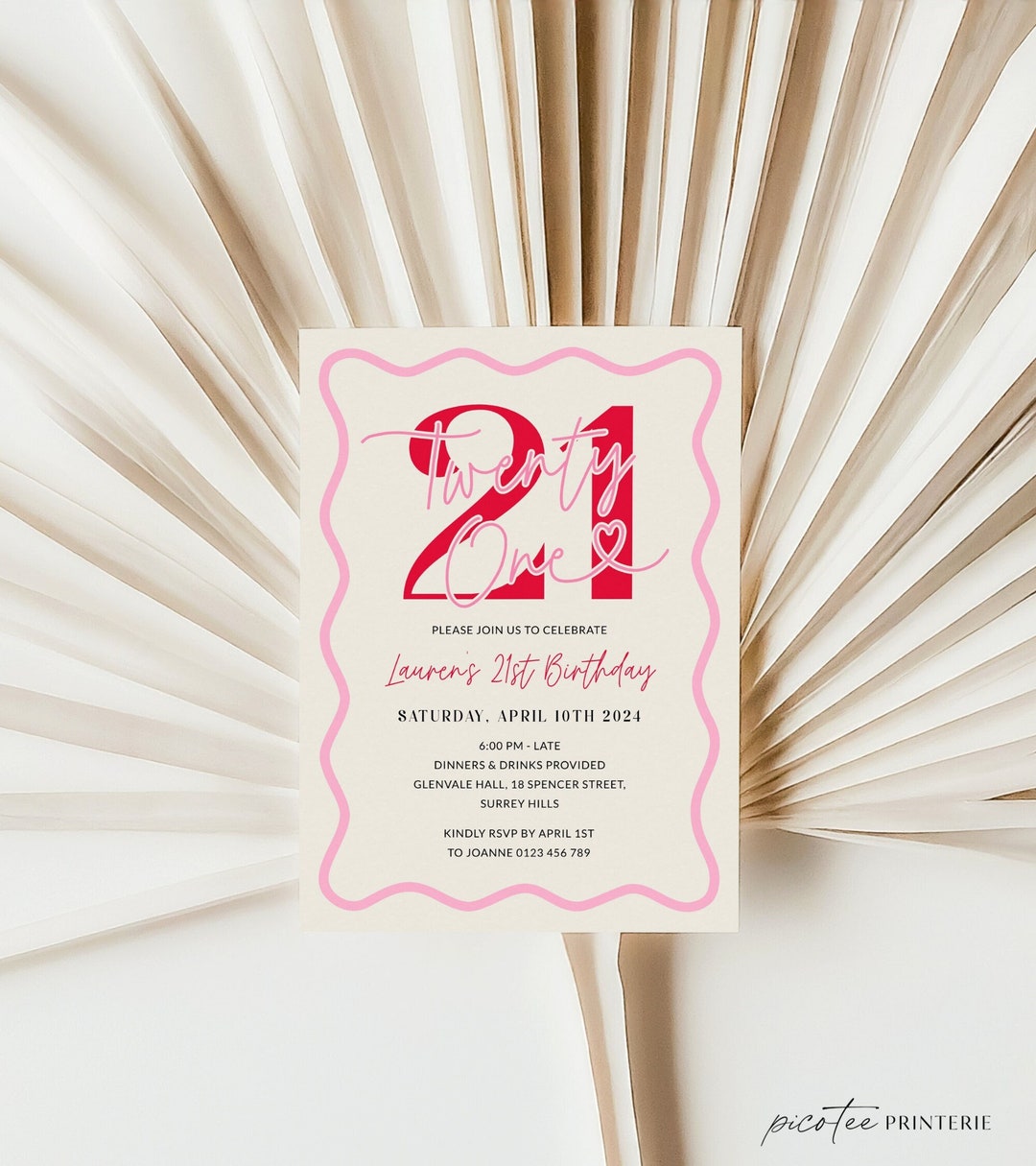 Wavy Border 21st Birthday Invitation for Her Pink, Scalloped 21st Party ...