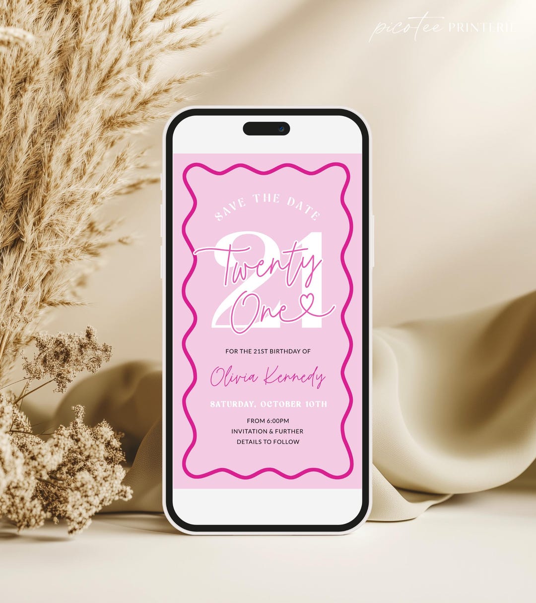 Pink 21st Wavy Save the Date Invitation Women, Scalloped Border 21 ...