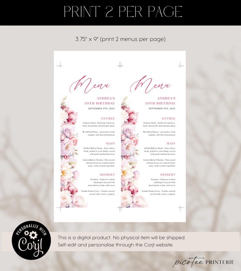 Pink Floral Dinner Menu Card Printable Template, Modern Flowers ...