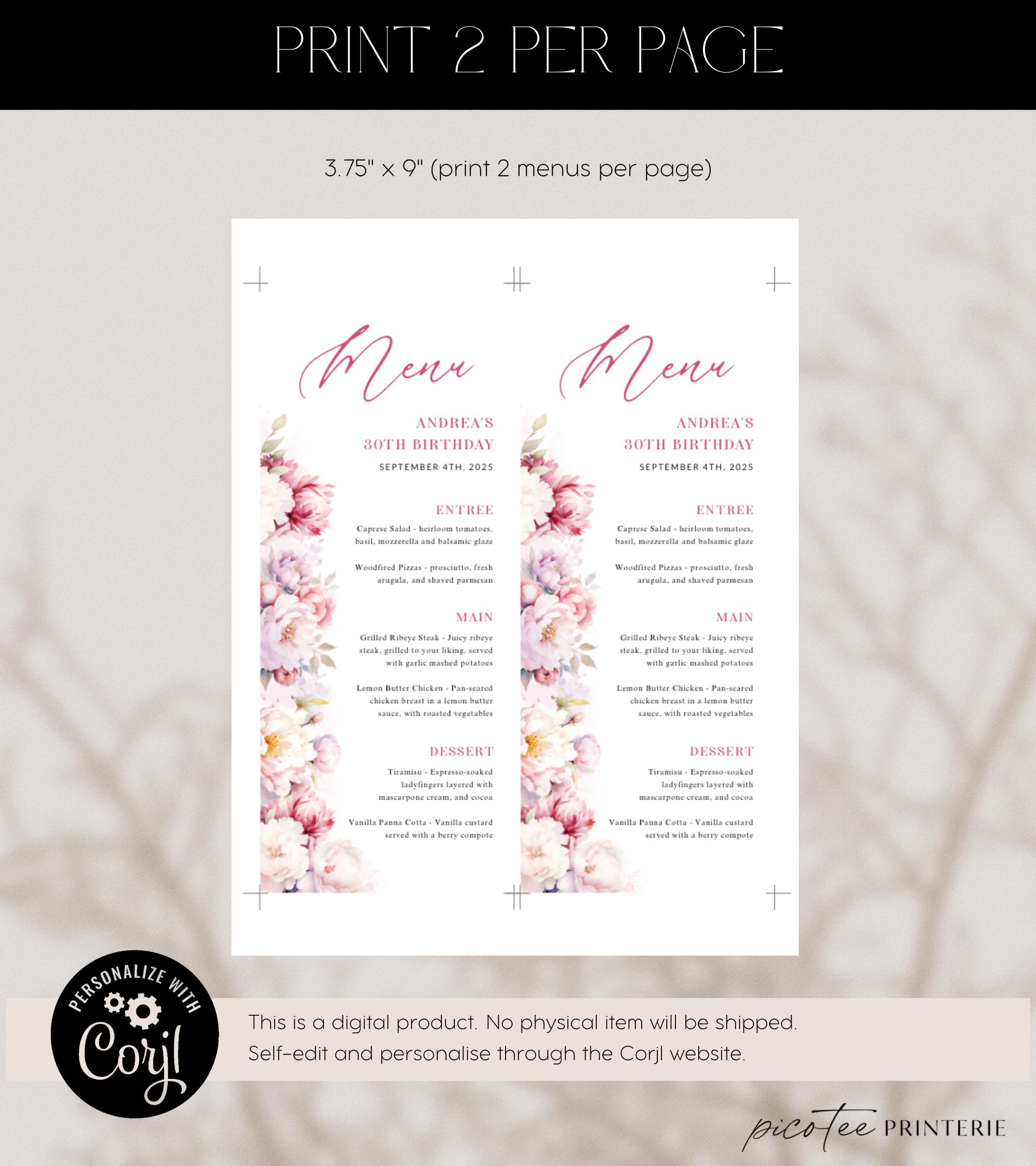 Pink Floral Dinner Menu Card Printable Template, Modern Flowers ...