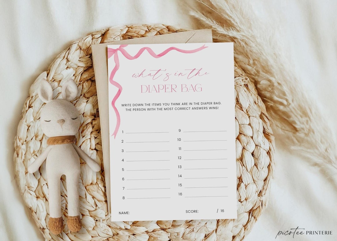 Coquette Pink Bow What's in the Diaper Bag Baby Shower Game Template ...