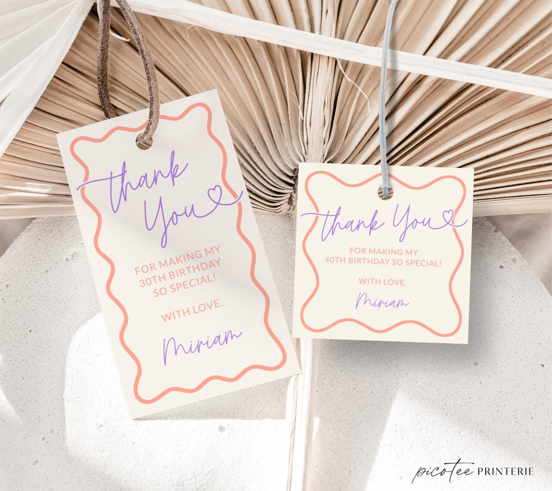 Wavy Thank You Birthday Gift Tag Printable, Purple Orange Scallop Party ...