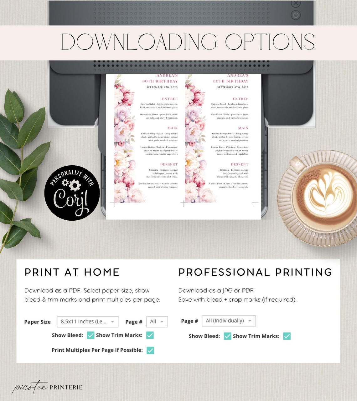 Pink Floral Dinner Menu Card Printable Template, Modern Flowers ...