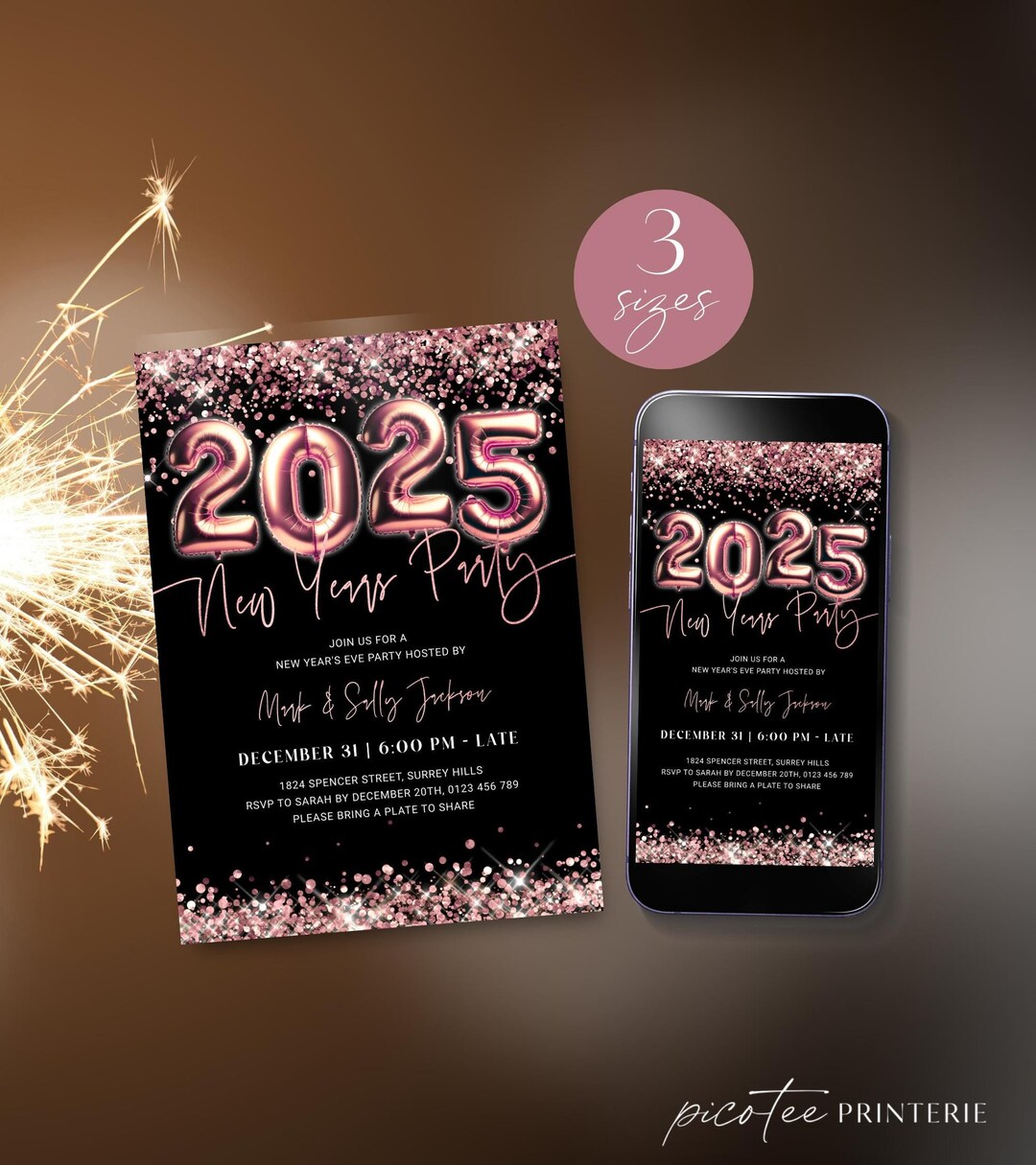 New Years Eve 2025 Invitation Template, Rose Gold and Black New Year ...