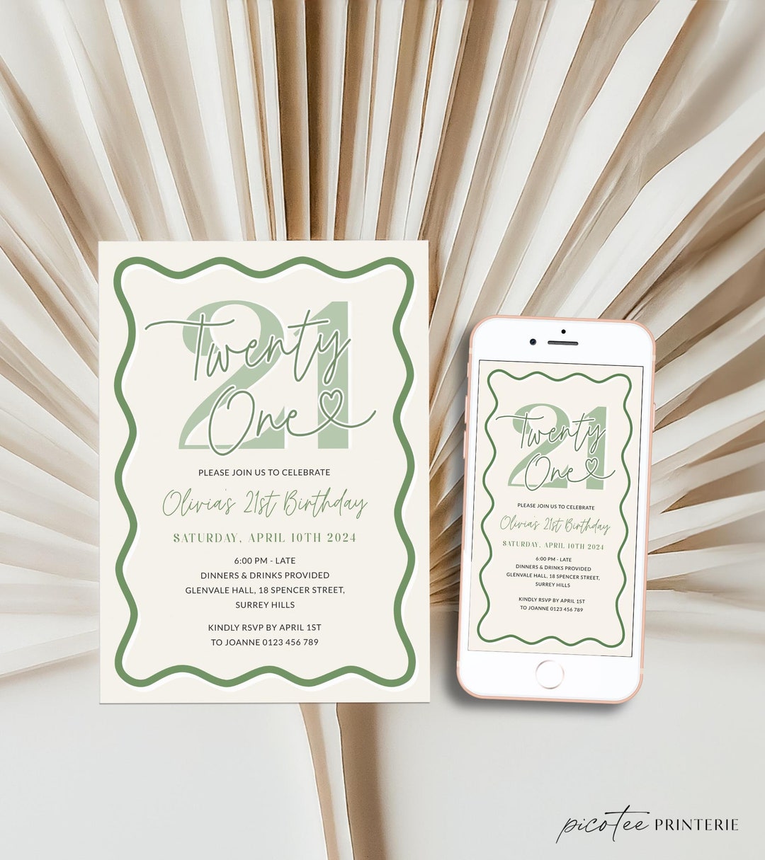 Wavy Border 21st Birthday Invitation for Her, Sage Green Scalloped 21st ...