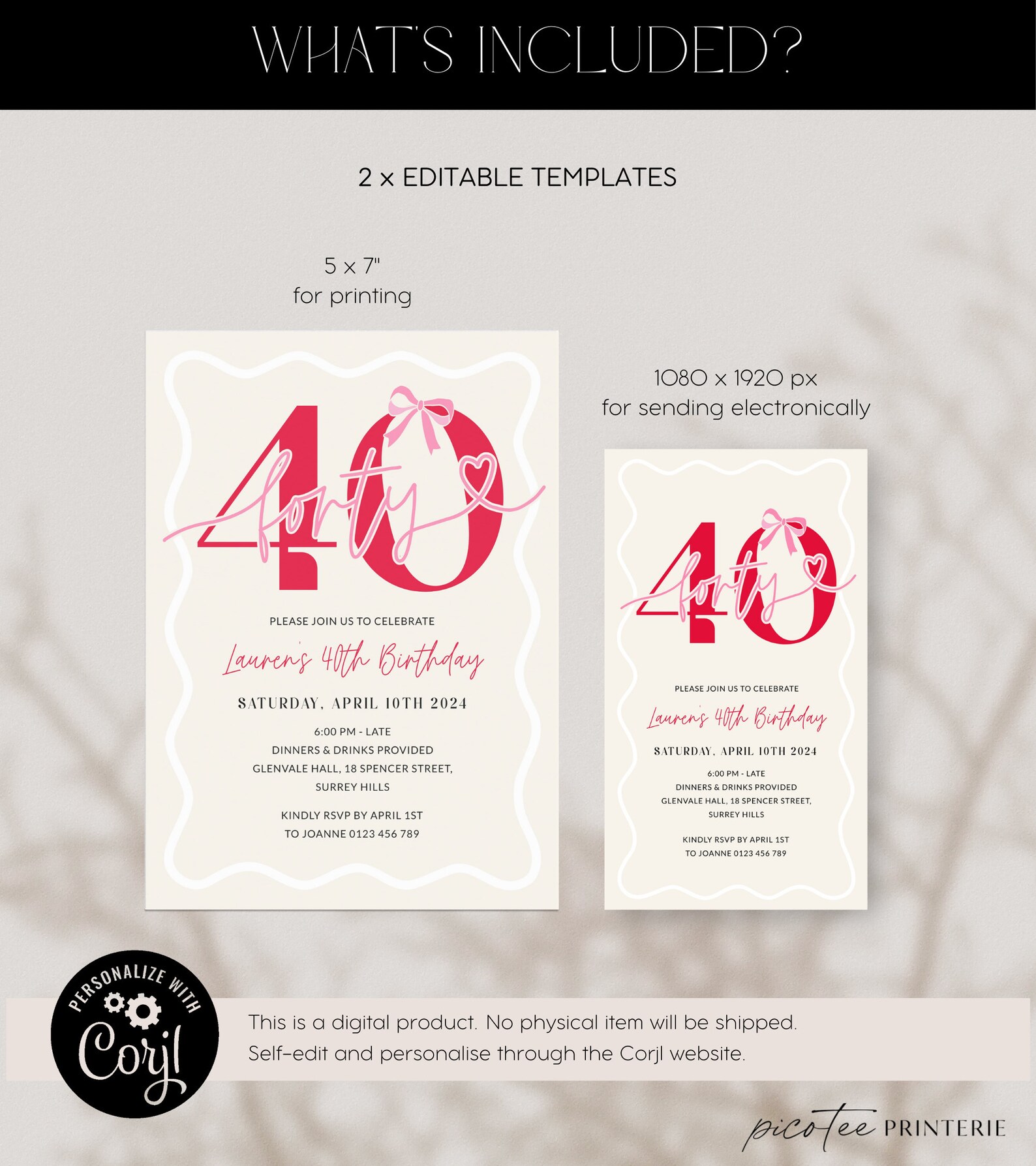 Bow Wavy Border 40th Birthday Invitation Women, Modern Scalloped 40th ...