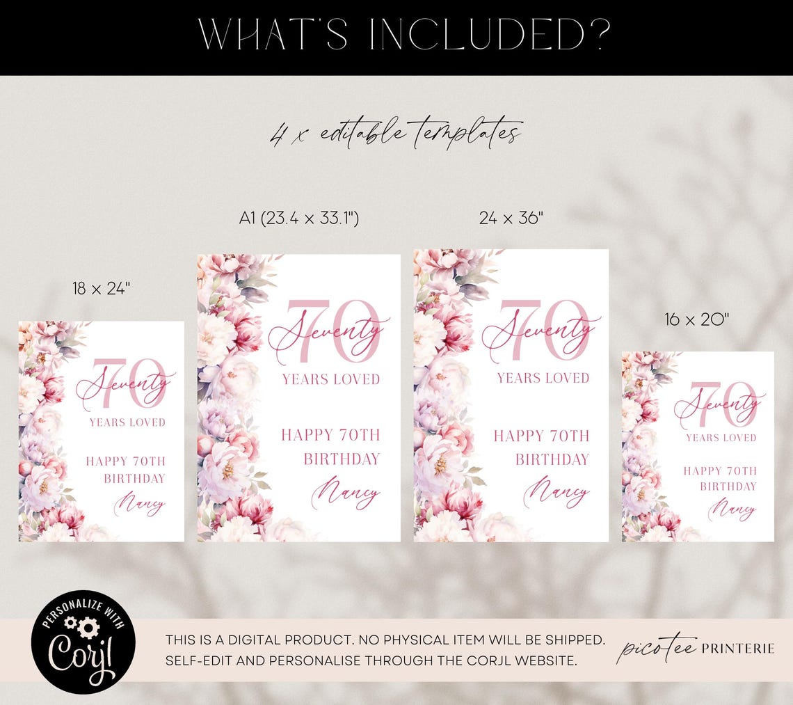 70 Years Loved Birthday Welcome Sign Pink Floral Women, Flowers 70th ...