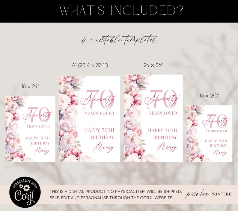 70 Years Loved Birthday Welcome Sign Pink Floral Women, Flowers 70th ...